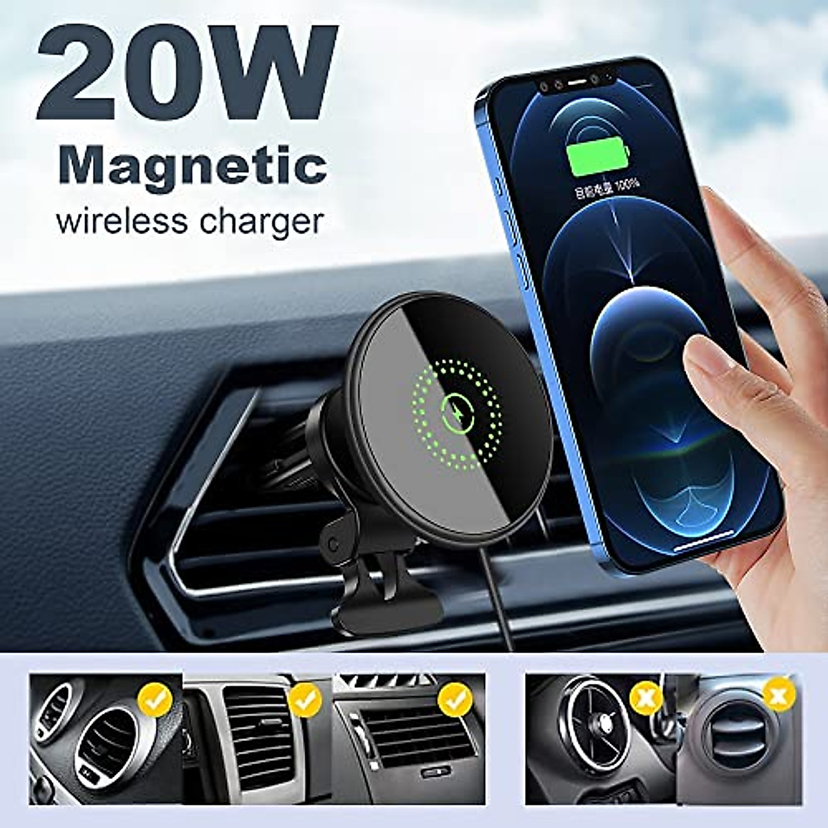 20W Magnetic Wireless Phone Holder Car Charger,Compatible with MagSafe Car Mount with Fast Charging Function,Wireless Magnet Car Phone Holder for iPhone 14/14 Pro/14 Pro Max/14 Plus and 13/12 Series