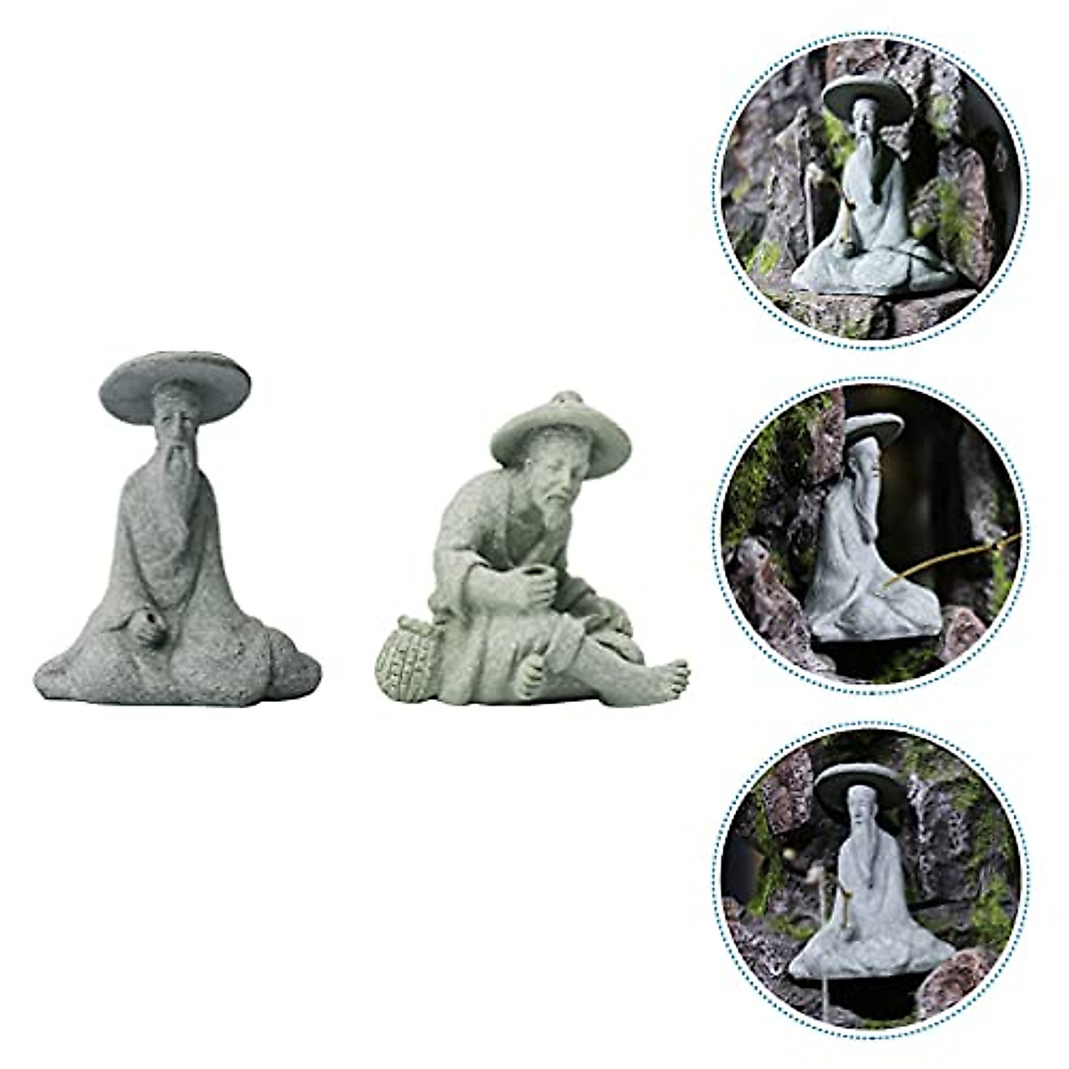 Cabilock 2pcs Mini Fisherman Figurines Chinese Mudman Sitting Fishing Garden Statue Chinese Elder Statue Landscape Micro Bonsai Terrarium Aquarium Ornaments for Fairy Garden