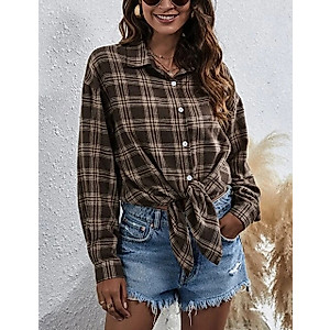 Bozanly Flannel Buffalo Plaid Shirts for Women Oversized Button Down Shacket Blouse Tops(0001-Brown-S)