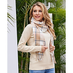 Fuinloth Women's Large Plaid Scarf Fashion Long Shawl Wrap for Winter Warm Lightweight Brown Pink