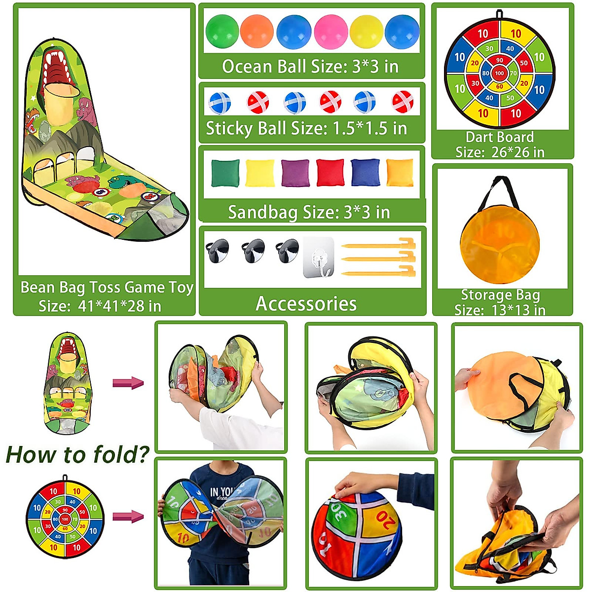 unanscre 3 in 1 Bean Bag Toss Game Toy Outdoor for Kids, Dinosaur Foldable Cornhole Board with Pop Up Basketball Game and Dartboard Set, Gift for Birthday/Xmas Party, Outside Toys for Toddlers Age 3+