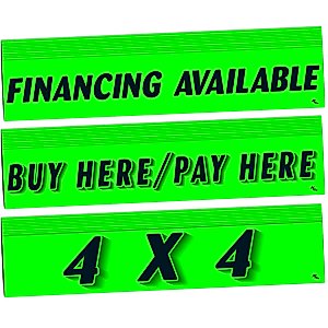 Versa Tags Windshield Slogan Stickers 12 Pack of FINANCING Available Stickers 12 Pack of Buy HERE Pay HERE Slogans 12 Pack of 4X4 Window Stickers (36) Dealership Stickers Black On Green