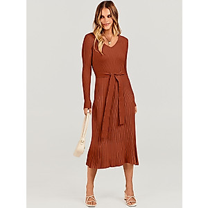 ANRABESS Women Long Sleeve V Neck A-line Tie Waist Slim Fit Ribbed Knit Bodycon Midi Sweater Dress 2025 Fall Trendy Outfits Rust Small