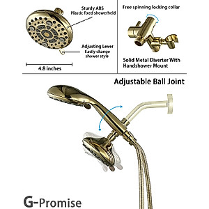 G-Promise High Pressure Dual Shower Head Combo | 72 Inches Flexible Stainless Steel Hose, 3-Way Solid Brass Diverter Bracket (Polished Brass)