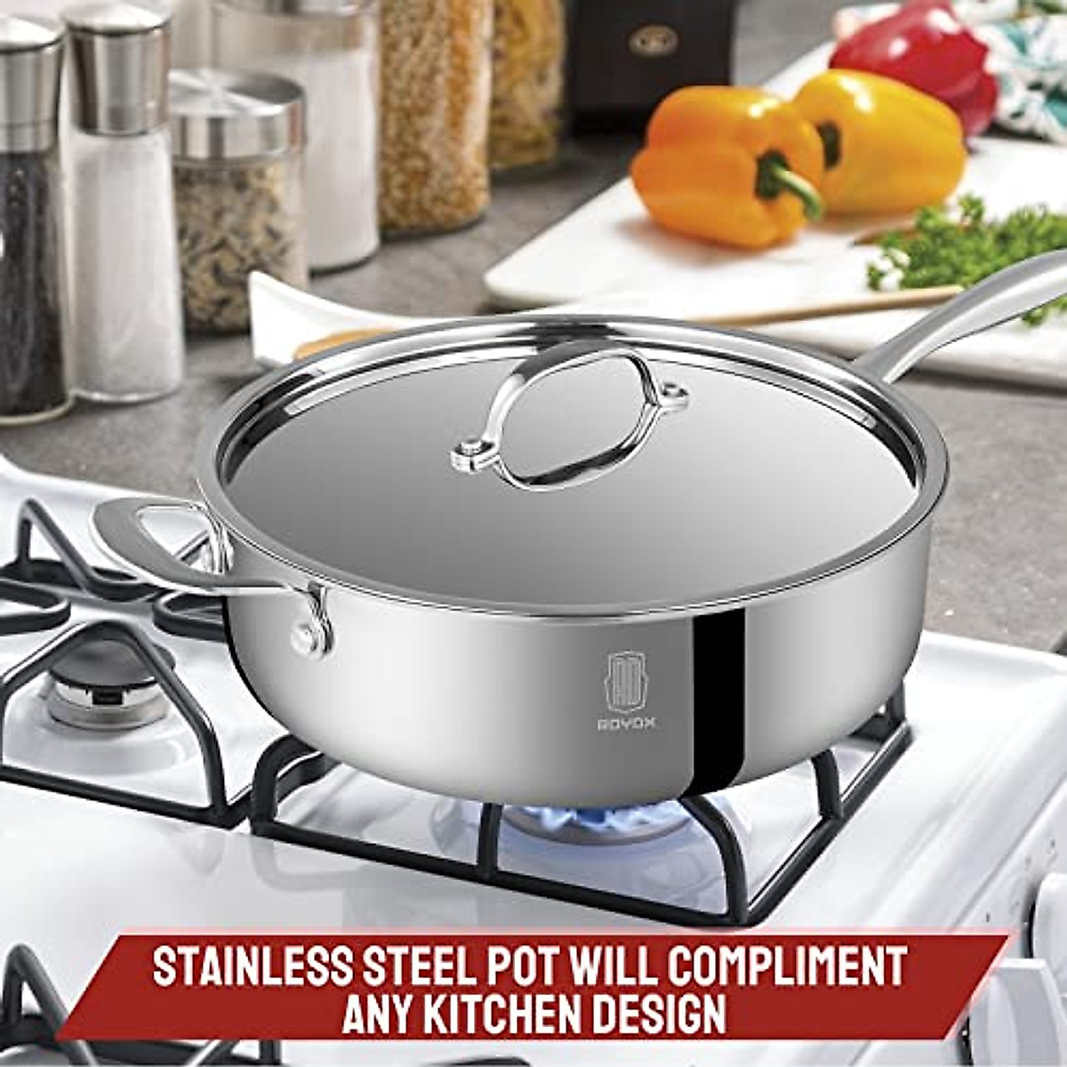 ROYDX Stainless Steel Skillet Saute Pan, 5 Quart Tri-ply Nonstick Large Fry Pans with Lid Single Stay-Cool Handle Cookware, Induction/Electric Gas Cooktops Oven Dishwasher Safe, for Kitchen Camping