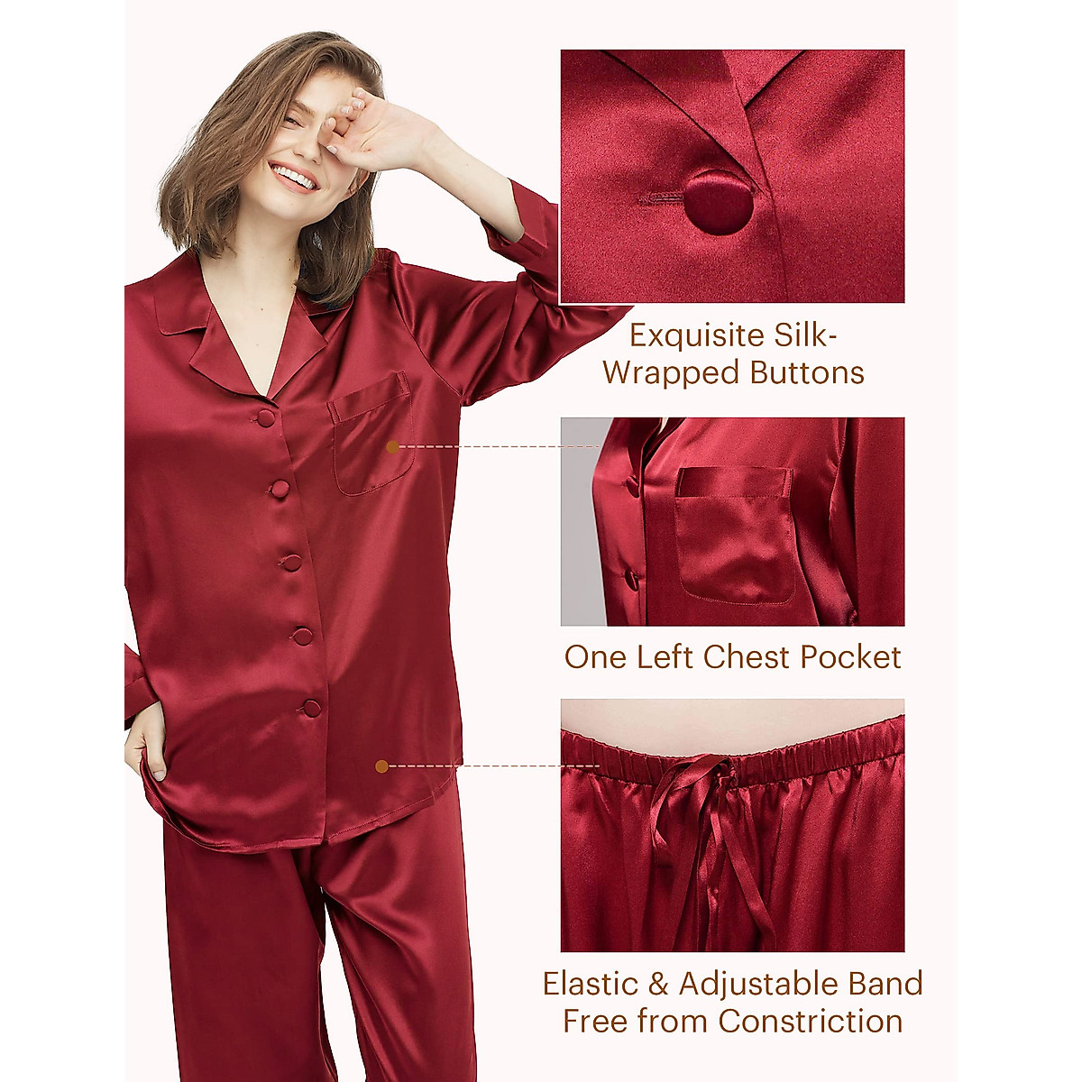 LilySilk Silk Pajamas for Women Button Up Pajamas Set for Ladies Girls Soft Maternity Pajamas Birthday Bridal Party Gift for Christmas Anniversary Valentine's day, Claret L