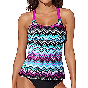 Aleumdr Womens Ladies Striped Zigzag Print Color Block Open Back Bandeau Blouson Push up Tankini Swim Bikini Top No Bottom Swimsuit Bathing Suit Swimwear Purple S 4 6