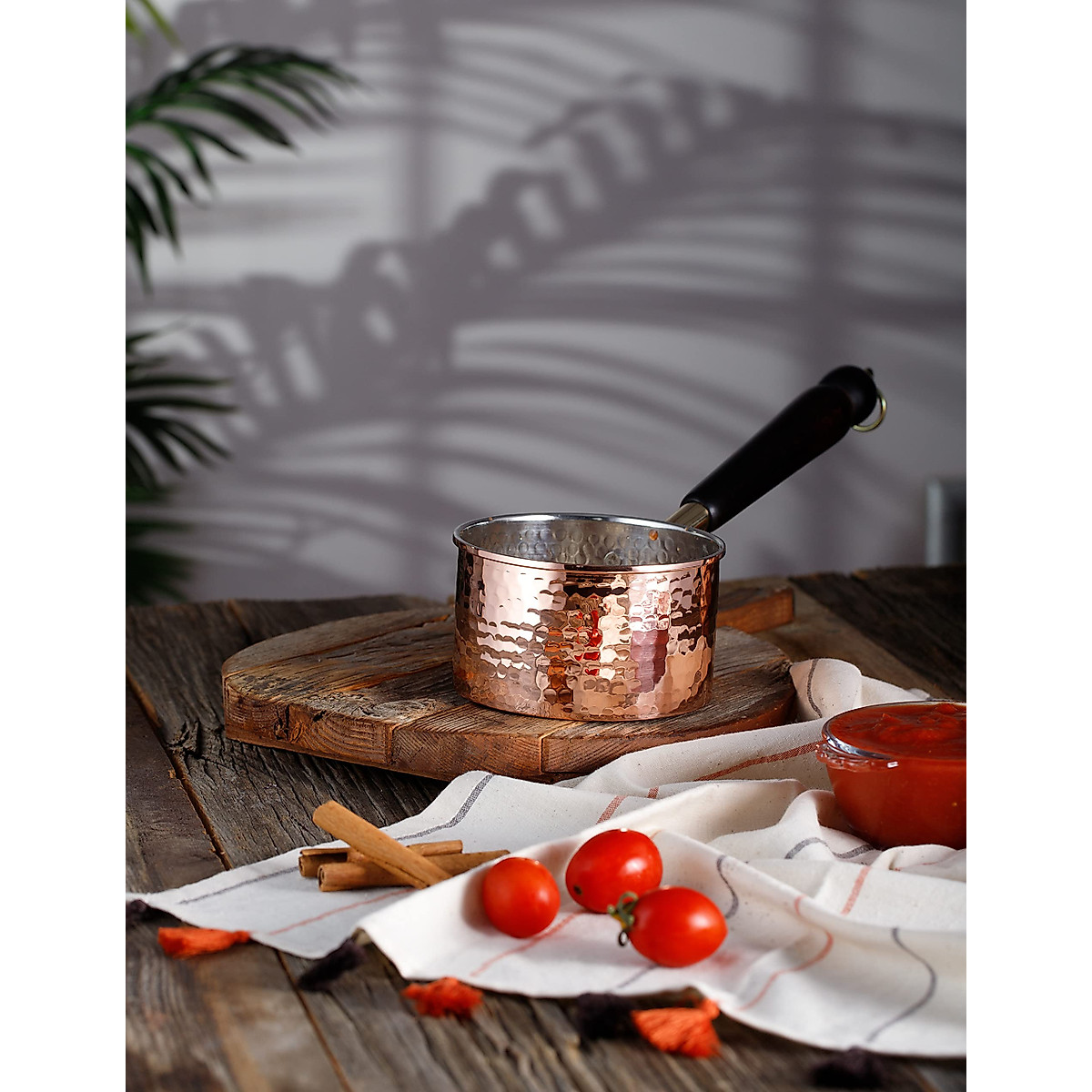 DEMMEX Copper Saucepan, 1mm Thick Solid Uncoated Copper, Wooden Handle, Tin Lined, 100% Handmade in Turkey (0.8 Quarts-5"x2.7")