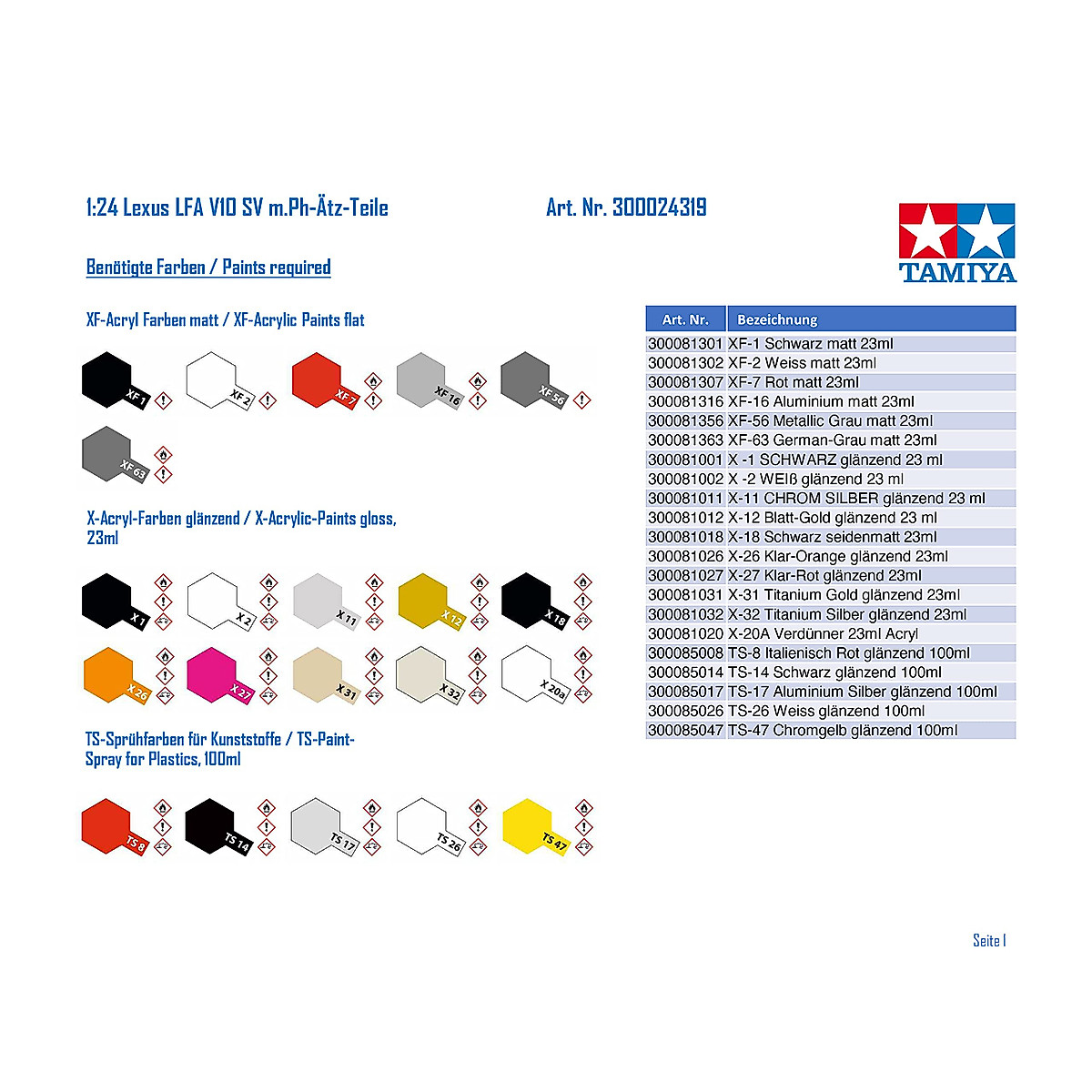TAMIYA 24319 Lexus LFA V10 SV with Photo-Etched Detail Scale 1: 24