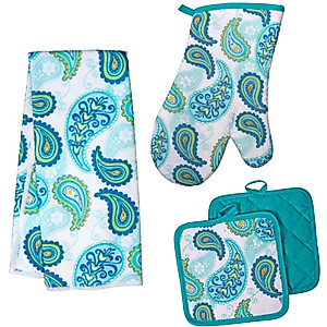 Paisley Decor - Kitchen Linen Set 4 Pc Celebrate with These Springtime Paisley and Flower Linens - Blue Sets Include Kitchen Towel 2 Potholders 1 Oven Mitt - Potholders - Kitchen Decor - Oven Mitts