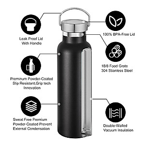 Neihepal Insulated Water Bottles Bulk 16 Pack,Stainless Steel Double Wall Sport Bottle with Lid of Handle,Metal Reusable Thermoses Flask with Cup Cap for School,Hikers,Gift (Black,Set of 16)