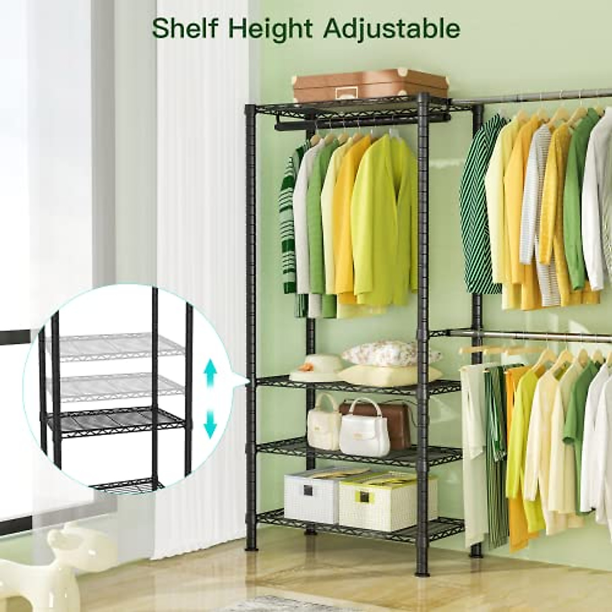 Ulif E1 Heavy Duty Closet Garment Rack, 6 Tiers Adjustable Metal Freestanding Expandable Clothing Storage with 4 Hanger Rods, Easy to Assemble Wardrobe, 70.8” H x (70.8” - 86.6”) L x 14” D, Black