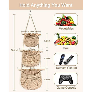 MOVNO Hanging Fruit Basket, Handmade Macrame Hanging Basket, Decorative Macrame Fruit Basket Hanging, Space Saving Boho Fruit Basket, Perfect for Kitchen/Room/Living Room Organization Storage