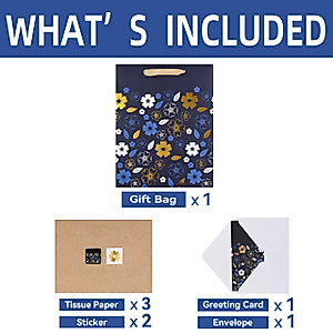 Qirrmiy 13” Large Deep Blue Gift Bag Set with Greeting Card and Tissue Paper (Gold Foil Flowers Design) for Celebrating Birthdays, Weddings, Anniversaries, Mother's Day - 10.2”x5.2”x13”, 1 Pcs.