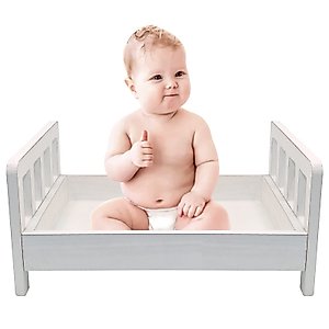 SPOKKI Newborn Photography Props Bed, White Wooden Baby Photoshoot Props Bed, Doll Bed with Box for Newborn Photoshoot