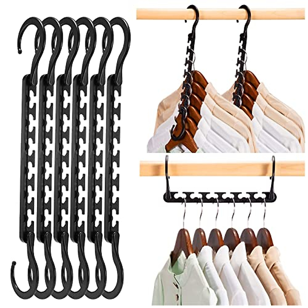 Smartor Space Saving Hangers - 6 Pack, Dorm Room Essentials Magic Hangers Saving 80% Space, Closet Organizers and Storage, Space Saver Hangers Closet Organizers Multifunctional Hangers - Black