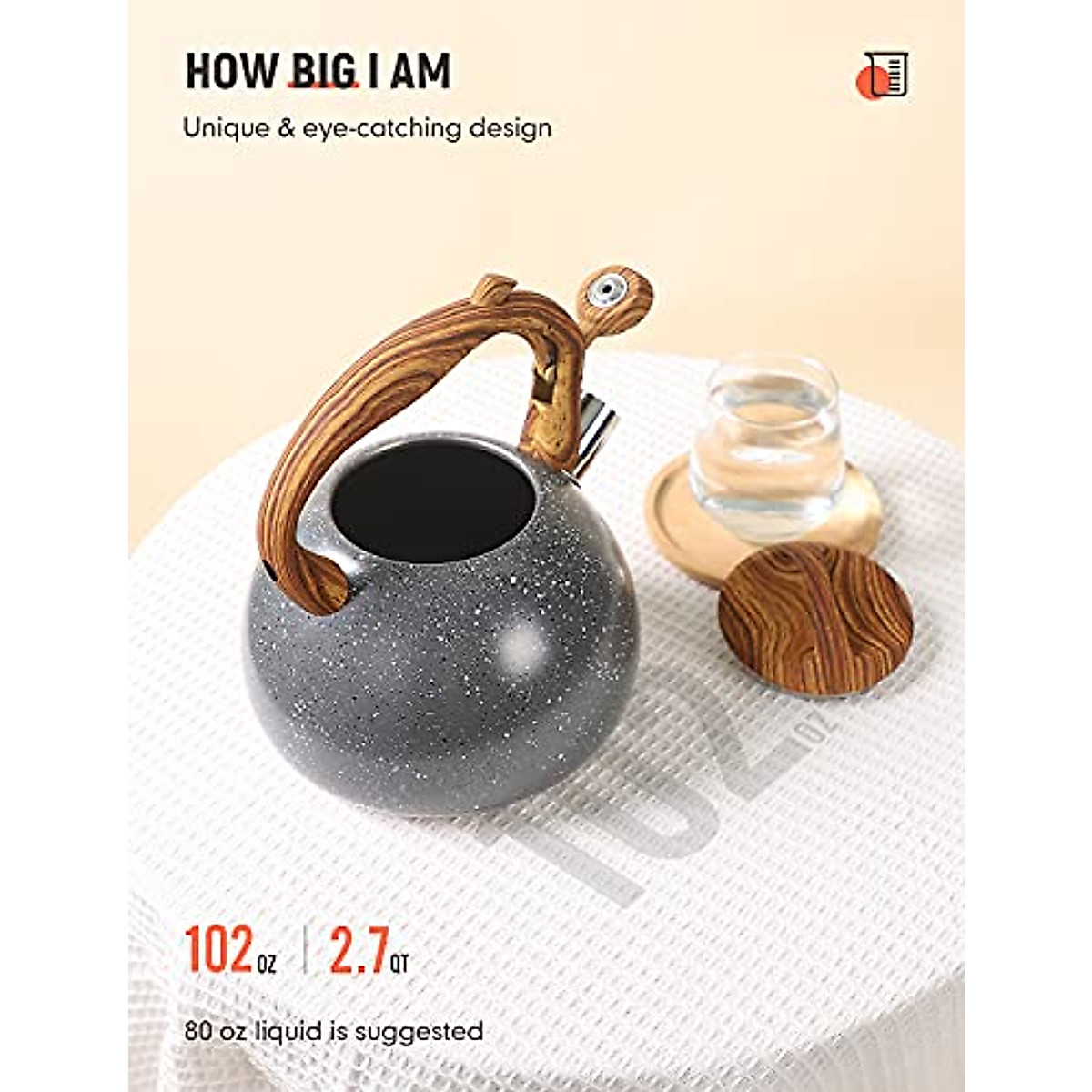 Tea Kettle, 2.7 Quart BELANKO Teapot for Stovetops Wood Pattern Handle with Loud Whistle Food Grade Stainless Steel Tea Pot Water Kettle - Gray