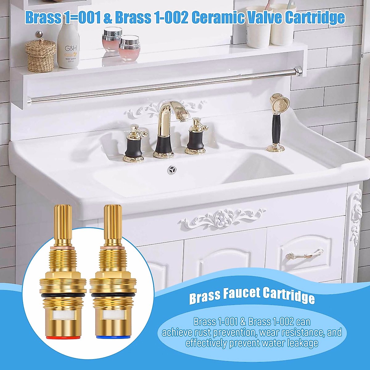 Brass 1-001 & Brass 1-002 Ceramic Valve Cartridge Set, Replacement Hot Widespread Cartridge and Cold Widespread Faucet Cartridge Replacement
