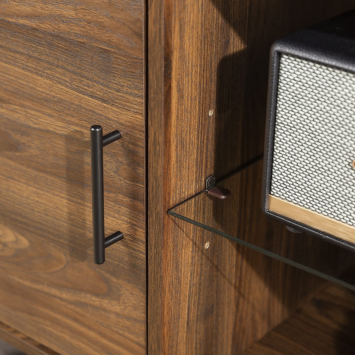 Walker Edison Saxon Mid Century Modern 2 Door Glass Shelf TV Stand for TVs up to 80 Inches, 70 Inch, Dark Walnut