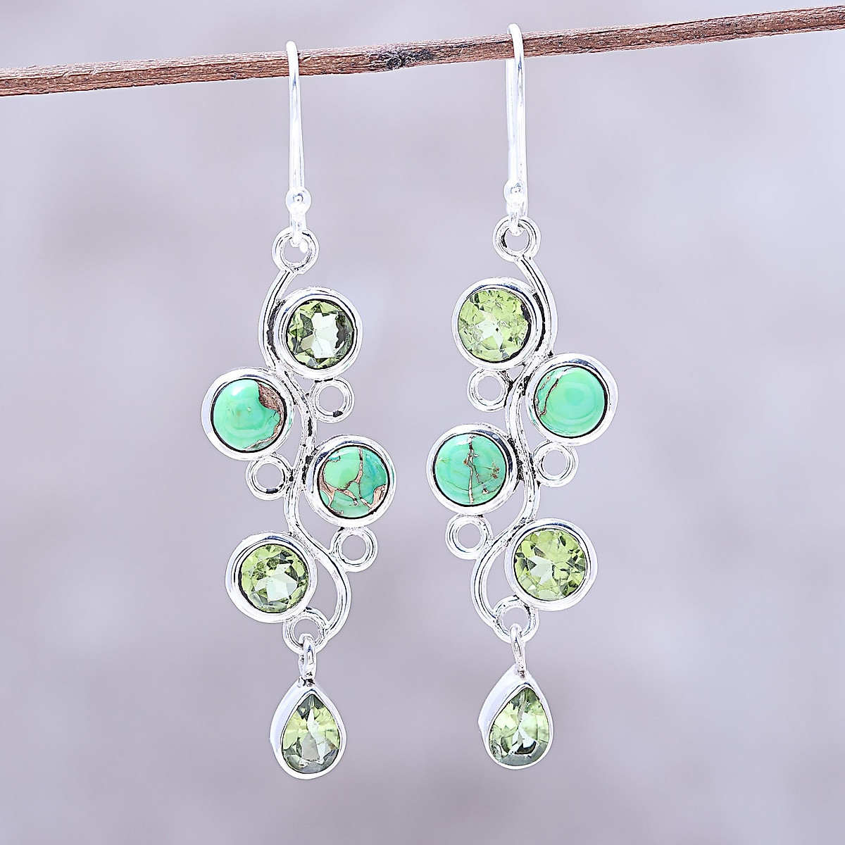 NOVICA Artisan Handmade Peridot Dangle Earrings Composite Turquoise from India Sterling Silver Reconstituted Birthstone Gemstone [2.3 in L x 0.5 in W x 0.2 in D] ' Green Sheen'