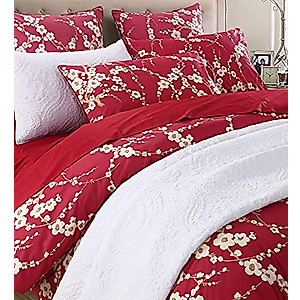 Brandream King Size Duvet Cover Set Japanese Oriental Style Cherry Floral Red Blossom Flower Branches Print Chinoiserie Bedding Pillowcases Set 800TC Egyptian Cotton Sateen Botanical Tree 3 Piece
