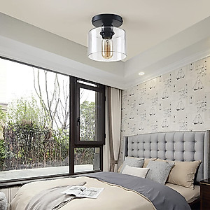 Deamakk Modern Semi-Flush Mount Ceiling Light, Rustic Ceiling Light Fixture for Closet, Hallway, Kitchen, Dining Room, Farmhouse Lighting, Matte Black Finish, Clear Glass Shade, E26, 5.9 inch