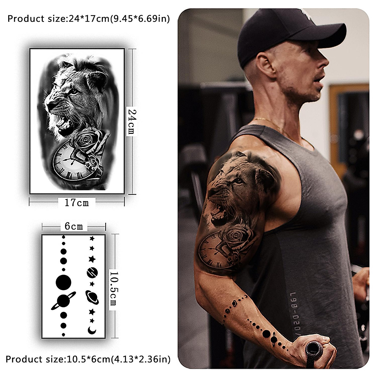 Yazhiji 32 Sheets Temporary Tattoos Stickers, 8 Sheets Fake Body Arm Chest Shoulder Tattoos for Men Women with 24 Sheets Tiny Black Temporary Tattoos