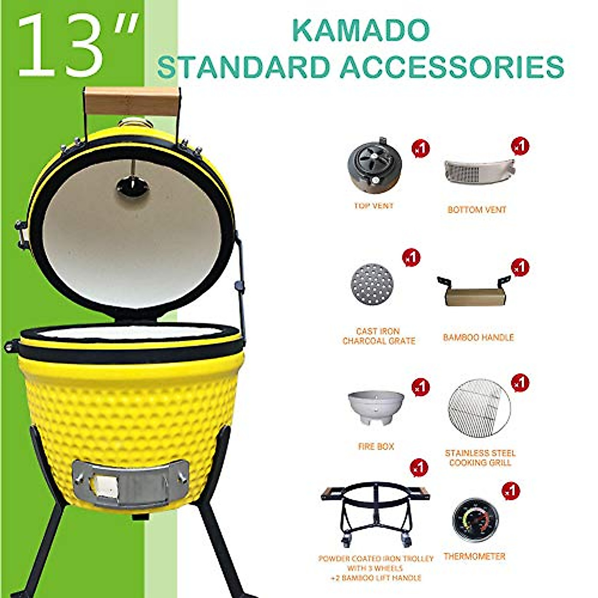 RJMOLU Smoker BBQ Grill for Charcoal and Kettle Barbecues, Outdoor Kitchen Style Egg Ceramic BBQ Grill for Picnic Garden Terrace Camping Travel, Suitable for 3-5 People, 13"