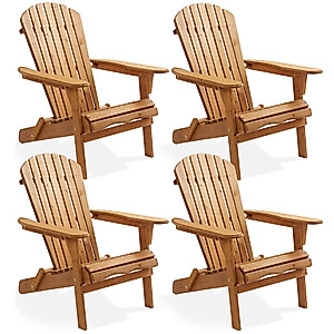 Casafield Folding Adirondack Chair, Set of 4 Cedar Wood Outdoor Fire Pit Lounge Chairs for Patio, Deck, Yard, Lawn and Garden Seating, Partially Pre-Assembled - Natural
