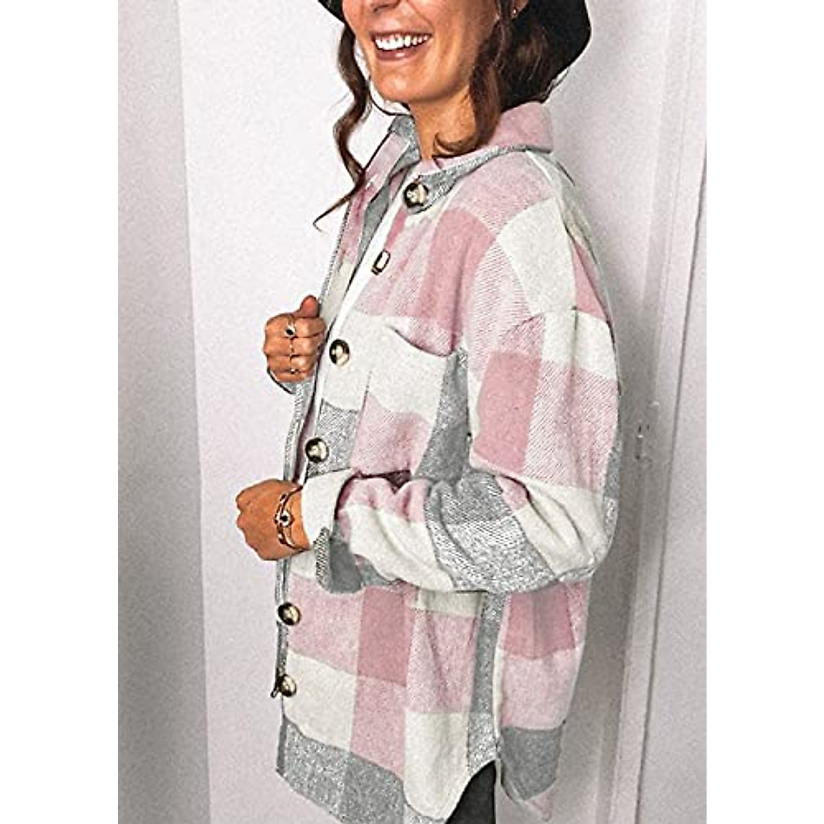 PRETTYGARDEN Women's 2023 Fall Clothes Plaid Shacket Jacket Long Sleeve Button Down Flannel Shirts Fashion Blouse(Pink,Medium)