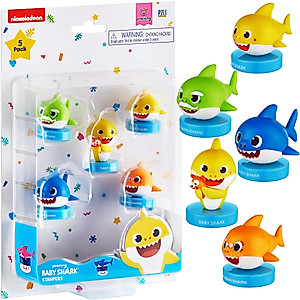 Baby Shark Toy Stampers Set of 5 – Self-Inking Baby Shark Toys, Action Figures, Party Decor, Birthday Party Supplies, Cake Toppers – Parent, Baby, Grandparent Sharks and William - Party Decor (B)