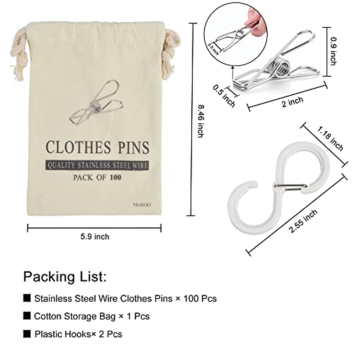 Clothespins Laundry Chip Clips - 100 Pack Bulk Durable Stainless Steel Clothes Pins,Heavy Duty Clamp Metal Wire Clothes Pegs with One Storage Bag & 2 Hooks,for Outdoor Clothesline Home Kitchen Office