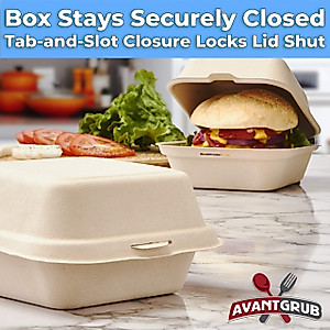 Avant Grub Durable, Grease-Proof 6x6 Clamshell Small To Go Box 100pk. Disposable, Leak-Proof and Microwavable Take Out Food Container With Hinged Lid. Great for Parties, Restaurants and Food Trucks!