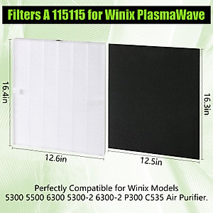 Aunifun True HEPA Replacement Filter with 4 Activated Carbon Pre Replacement Filters A 115115 Size 21 for Winix PlasmaWave 5300 6300 5300-2 6300-2 P300 C535
