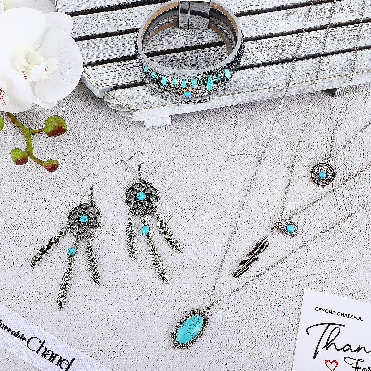 3 Pcs Western Jewelry for Women Bohemian Turquoise Set Turquoise Pendant Necklace Western Dangle Earrings Turquoise Bracelet(Cute Style)
