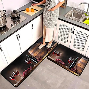 2 Piece Wine Kitchen Rug Set, 3D Wine Glasses Kitchen Rugs and Mats Non Skid Washable Absorbent Microfiber Kitchen Floor Decor Mat 17"x47"+17"x30"