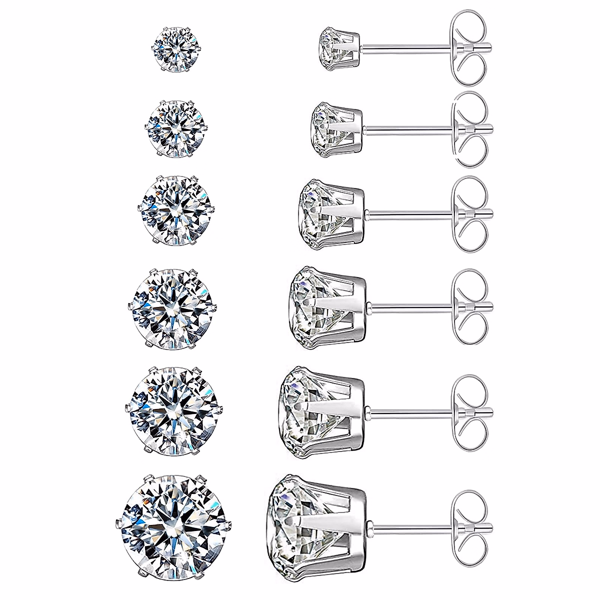6 Pairs Cubic Zirconia Stud Earrings Set Surgical Steel Hypoallergenic 316L Stainless Steel Earrings for Women Men Contain 3,4,5,6,7,8mm