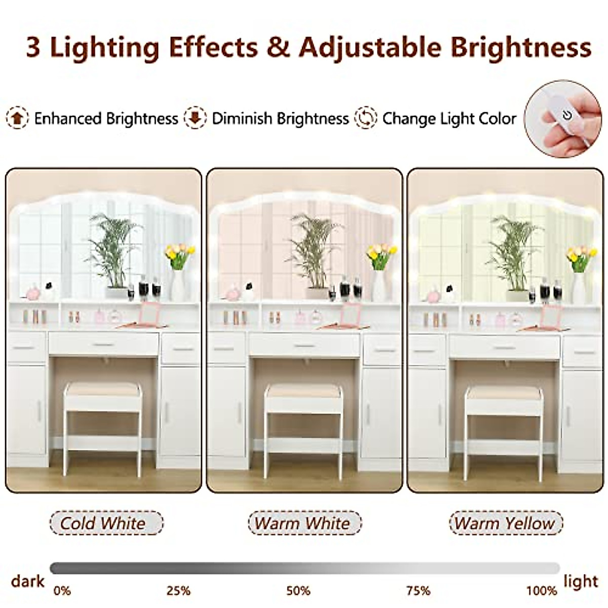 usikey Large Vanity Set with Large Lighted Mirror, Modern Makeup Vanity Table with 3 Drawers, 2 Storage Cabinets & 10 LED Bulbs, Dressing Table with Cushioned Stool for Women, Bedroom, White