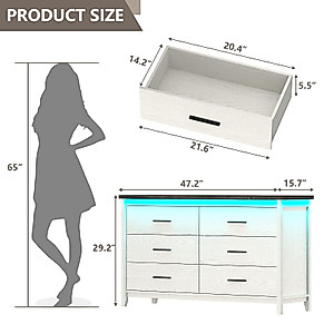 TVU Farmhouse 6 Drawers Wood Dresser with LED, Storage Dresser for Bedroom, Wide Chest of Drawer with Metal Handles