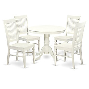 East West Furniture Antique 5 Piece Room Set Includes a Round Kitchen Table with Pedestal and 4 Dining Chairs, 36x36 Inch, Linen White