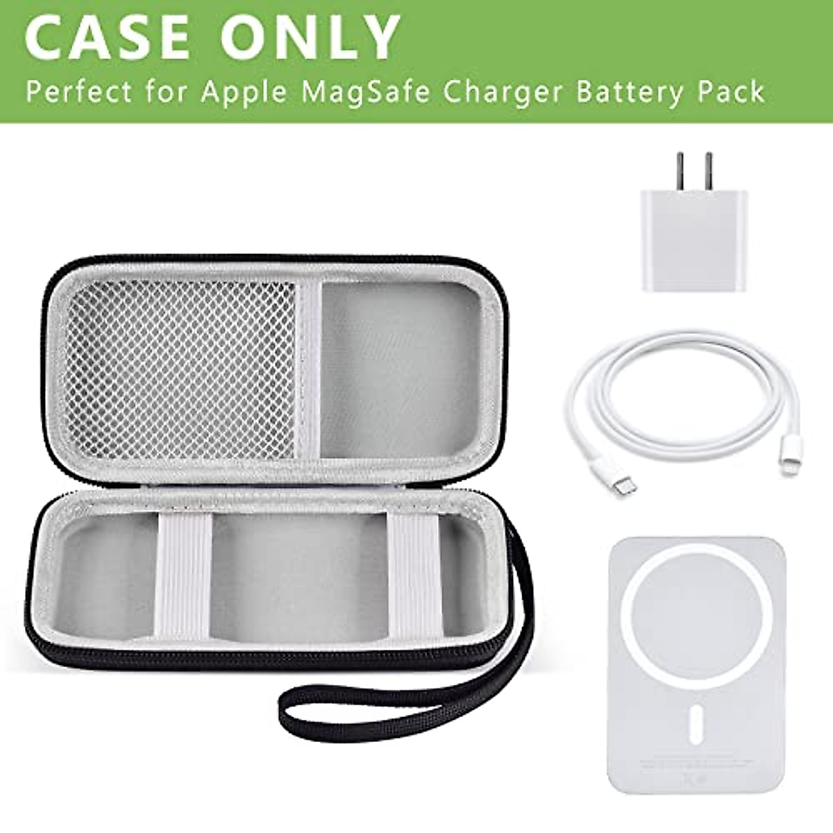 Case Compatible with Apple MagSafe Charger Battery Pack, Holder for Mag Safe Magnetic Power Bank for iPhone 12, Storage with Strap & Mesh Pocket for 20W USB-C Power Adapter and Cable (Case Only)