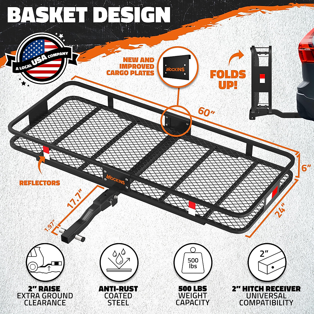 Mockins 60"x24"x6" Folding Trailer Hitch Cargo Carrier w/ 25 CuFt. Cargo Hitch Carrier Bag | 500 Lbs. Cap Weatherproof Steel Luggage Rack for SUV/Car & Vinyl Soft-Shell Car Carrier Cargo Bag