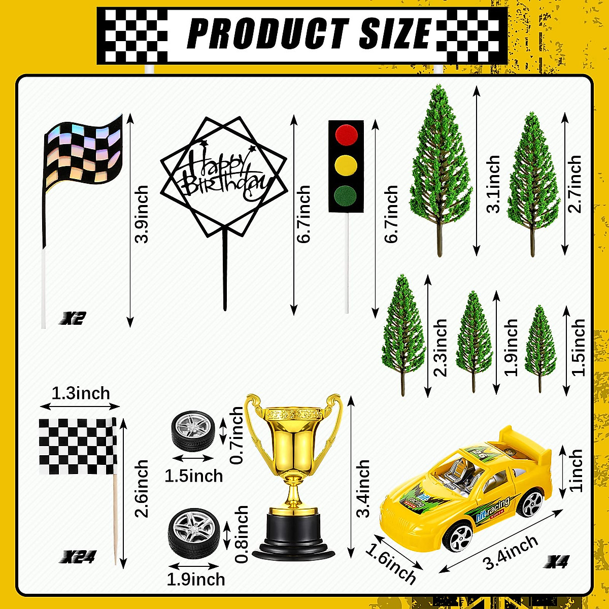Yulejo 38 Pcs Racing Car Cake Decoration with Race Car Cake Topper Wheel Checkered Racing Flag Cupcake Topper Black Birthday Cake Topper Race Car Birthday Party Supplies Car Themed Party Favor for Kid