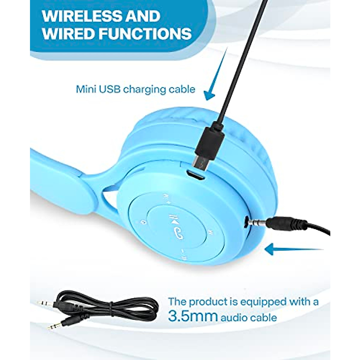 Kids Bluetooth Headphones, Wireless Headphones for Kids with Built-in Microphone, Over Ear Foldable Stereo-Bass Aux 3.5mm Cord, Wireless Bluetooth Headsets for Children Boys Girls School (Blue)