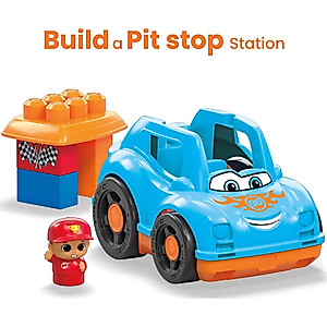 Mega BLOKS First Builders Toddler Building Blocks Toy Set, Ricky Race Car with 6 Pieces and Storage, 1 Figure, Blue, Ages 1+ Years