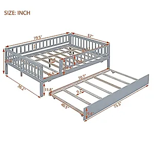 P PURLOVE Full Daybed with Trundle, Daybed Frame with Fence Guardrails, Wood Daybed for Boys, Girls and Young Teens, No Box Spring Needed (Gray)