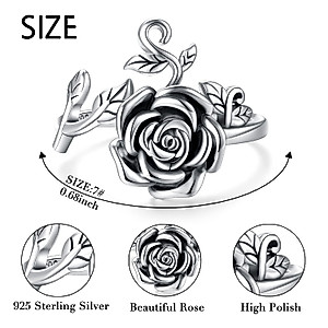 HOOHWE S925 Sterling Silver Flower Rings Rose Flower Open Ring 3D Rose Shape Adjustable Ring Jewelry for Women Teen (Adjustable)