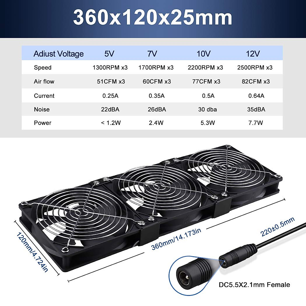 Wathai Dual Ball 3 x 120mm Computer Fan with AC Plug DC 12V Big Airflow Fans with 110V 120V 220V 240V AC Speed Controller for DIY Cabinet Chassis Machine Server Workstation Cooling