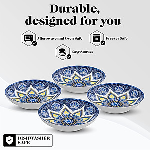 American Atelier Pasta Bowls | Set of 4 | Large, 9-inch, Dinner Serving Plates | Wide and Shallow Bowls Set for Pasta, Salad, Soup, Spaghetti, Stews, or Cereal | Blue & Yellow Medallion Motif