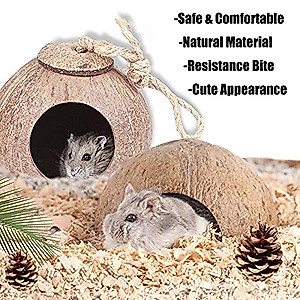 PINVNBY Coconut Hut Hamster Hiding House Hanging Coconut Shells Pet Cave Hideout Small Animal Cage Habitat Decor for Gerbils Rats Mice Dwarf Syrian Hamster Playing & Resting (6 PCS) 
